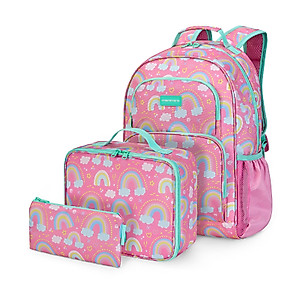 mommore Kids Backpack Set, Rainbow Backpack for Girls Lightweight Elementary Bookbag for Students School backpack for Children with Chest Strap Water Resistant,3pcs pink
