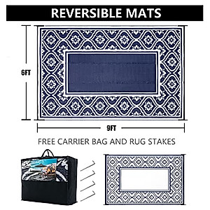 HUGEAR RV Outdoor Rug Waterproof Mat Outdoor Rugs 6'x9' for Patios Clearance Carpet Outdoor Camping Rugs Large Plastic Straw Rug (Lantern Navy Blue&White)