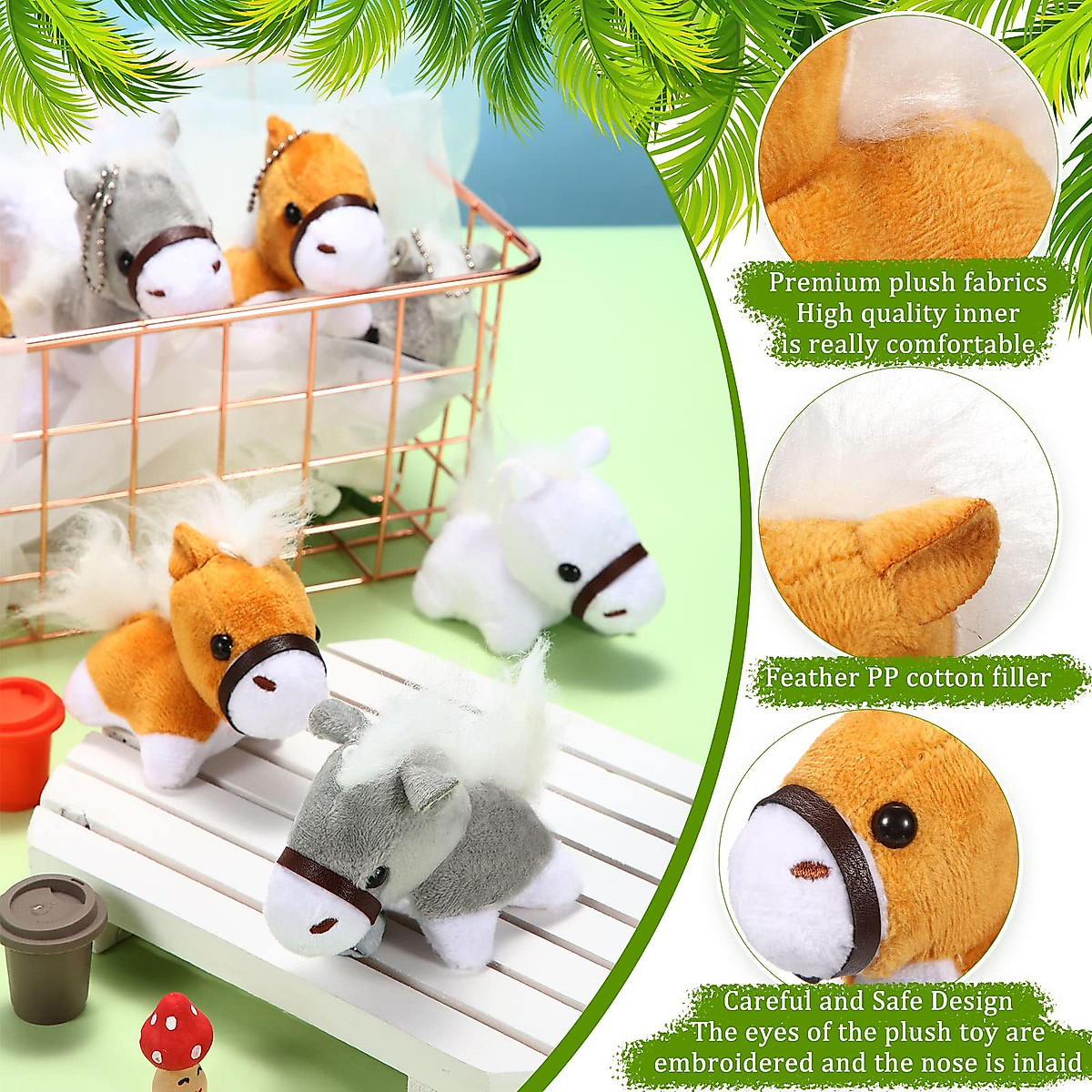 Zomiboo Stuffed Horse, 12 Pcs Assorted Toy Plushies, 3.2 Inch Mini Plush Animals Keychain Party Favors with Detachable Chain for Farm Party Supplies Christmas