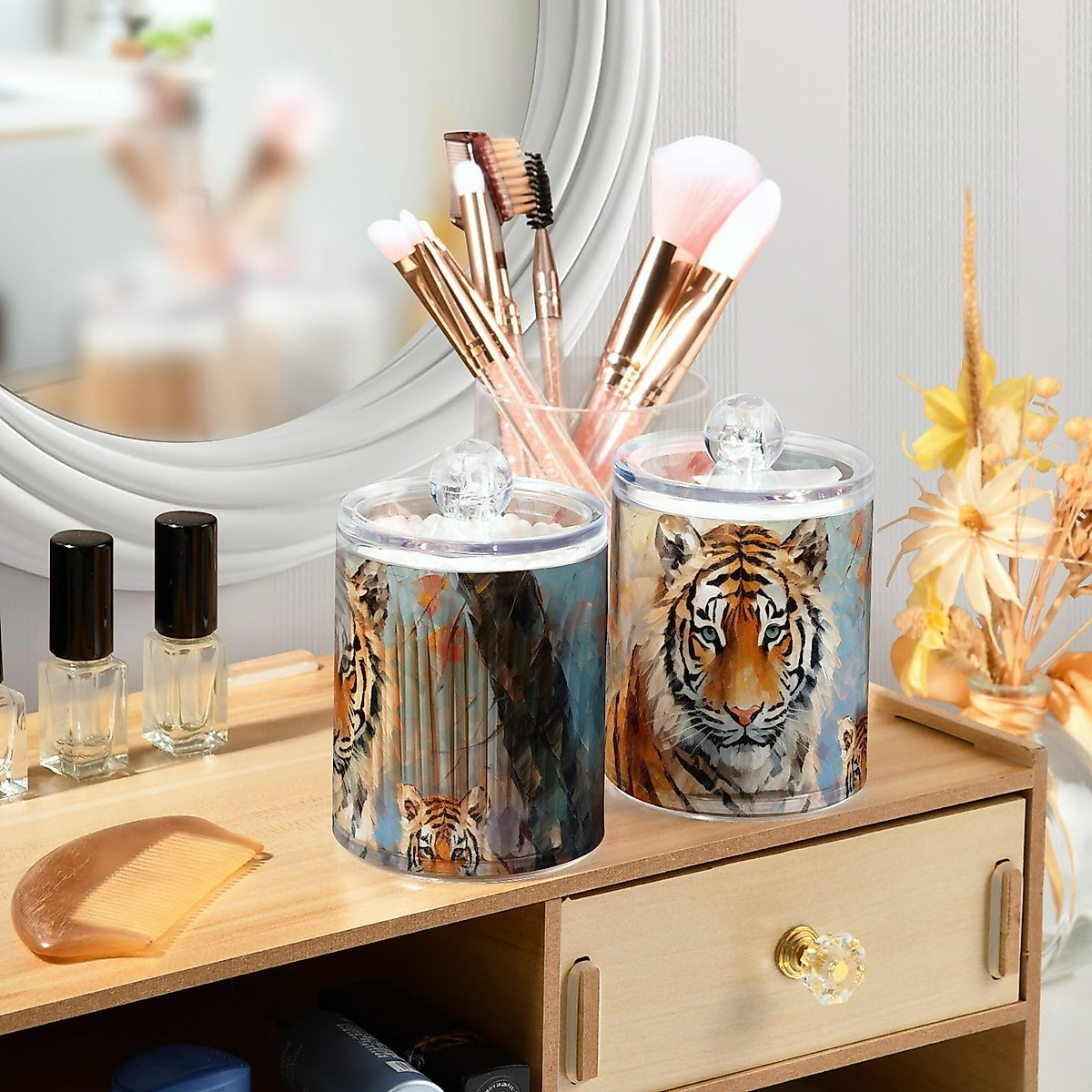 Vnurnrn Qtip Cotton Ball Holder Dispenser with Lid Painting Tigers Family Print, Plastic Jars Bathroom Canisters Storage Organizer 2 Pack