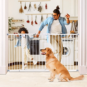 Kinfant Extra Wide Baby Gate - 58-Inch White Doorway & Stair Gate, Tall & Adjustable Extension Pressure Pet Gate, with Extension Kit, Pressure Mount Kit, Wall Cups