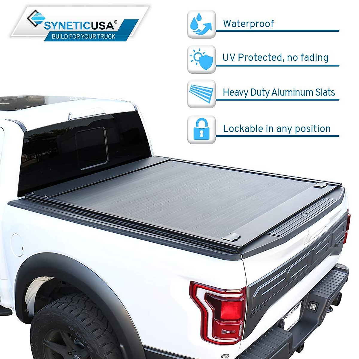 Syneticusa Retractable Hard Tonneau Cover Fits 2004-2024 Ford F-150 (incl. Raptor/Lightning) 5’6” (67”) Truck Bed Matte Black Aluminum Waterproof