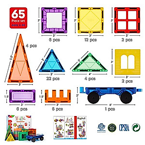 MagHub Magnetic Tiles 65 Piece Set Kids Magnet Toys,Clear 3D Magnetic Building Blocks Set, Magnetic Stacking Toy Construction Preschool Learning Educational Toy for Toddlers Children Boys Girls
