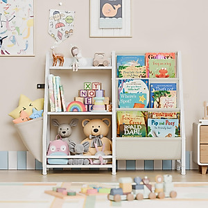 LATIBELL 3 Tier Kids Bookshelf and Toy Storage, Kids Book Sling Shelf, Montessori Baby Toddler Bookshelf for Kids, Kids Bookcase, Toy Storage Organizer, for Playroom, Bedroom, Nursery (White)