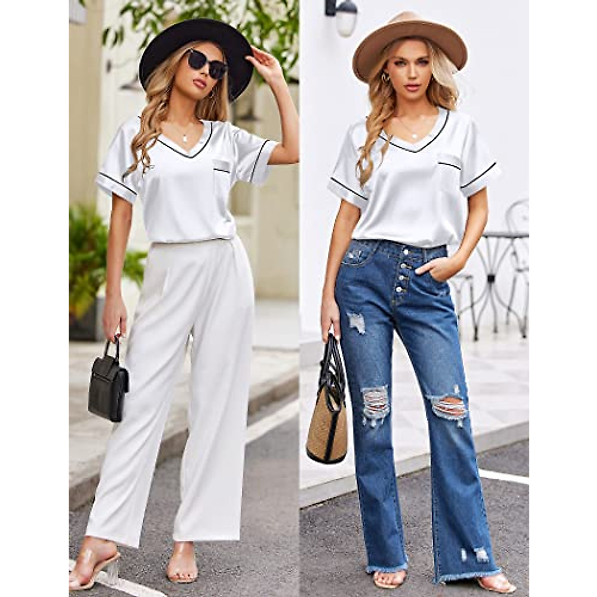 Ekouaer Womens Silk Pajamas Set Short Sleeve Shirts and Pj Shorts 2 Piece Plus Satin Pajamas Cute Sleepwear White XXL