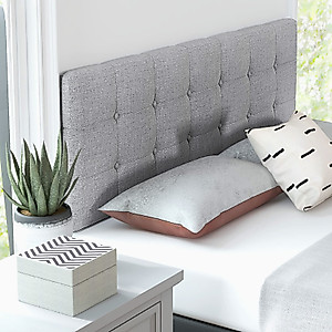 KOMFOTT Linen Upholstered Headboard for Full & Queen Size Bed Frame, Modern Tufted Button Bed Headboard with Solid Rubber Wood Legs, Rectangular Headboard with Adjustable Width, Gray