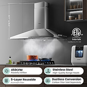 COMEEE" CVP36W6AST 36 Inch Ducted Pyramid Range 450 CFM Stainless Steel Wall Mount Vent Hood with 3 Speed Exhaust Fan, 5-Layer Aluminum Permanent Filters, Two LED Lights, Convertible to Ductless