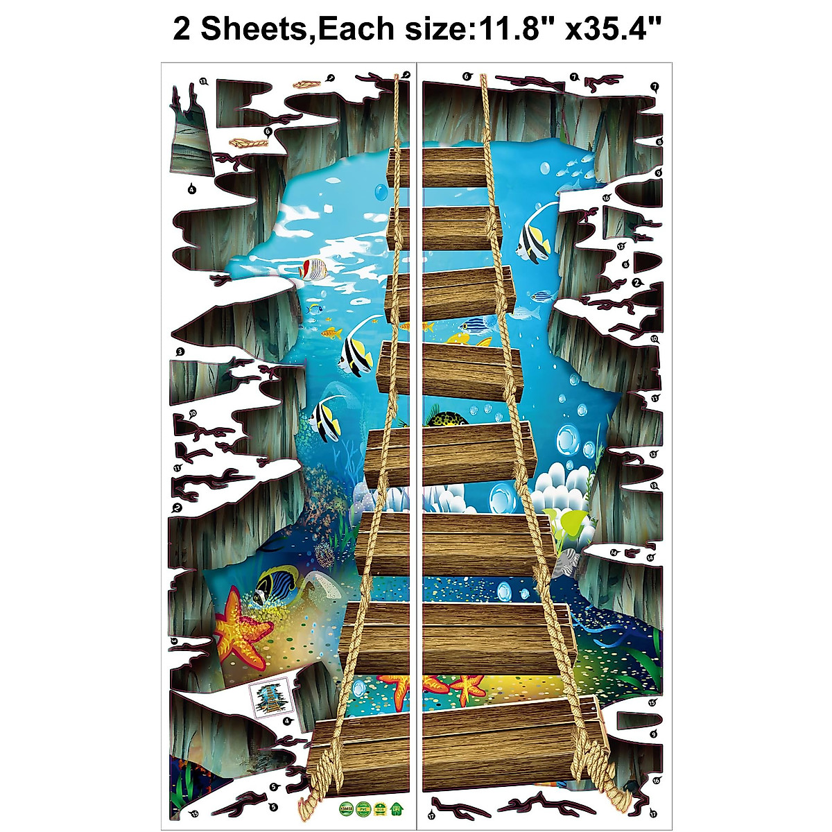 Quanhaigou 3D Floor Stickers,Sea World Fish Ocean Wooden Bridge PVC Art Wall Decal for Bathroom Living Room Nursery Bedroom Removable Decor