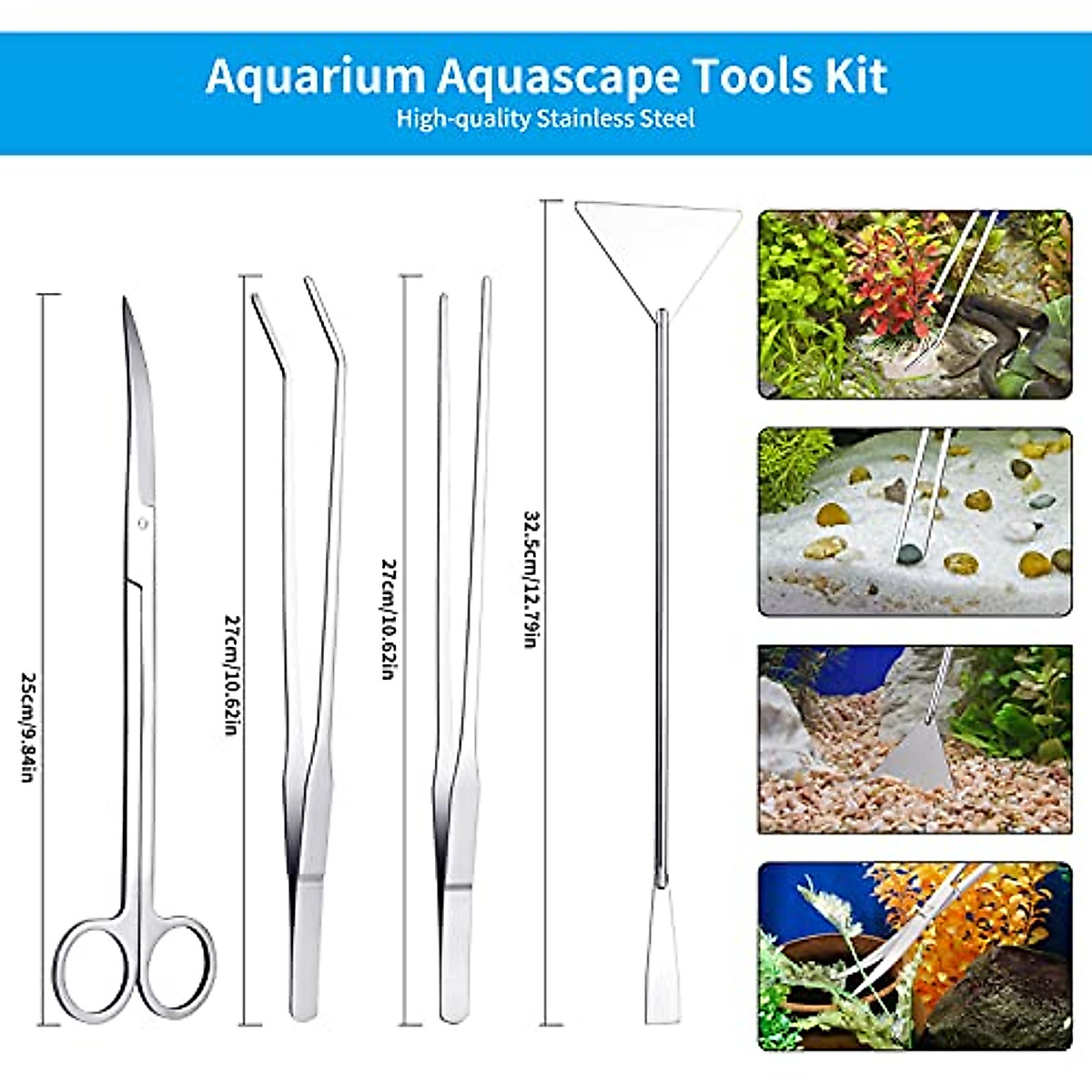 Skyeasure Aquascape Tools, Long Tweezers for Terrarium, Terrarium Tools, Stainless Steel Aquarium Plant Tools Fish Tank Cleaning Tools Aquarium Tweezers Scissors Spatula Set for Aquarium Starter Kit