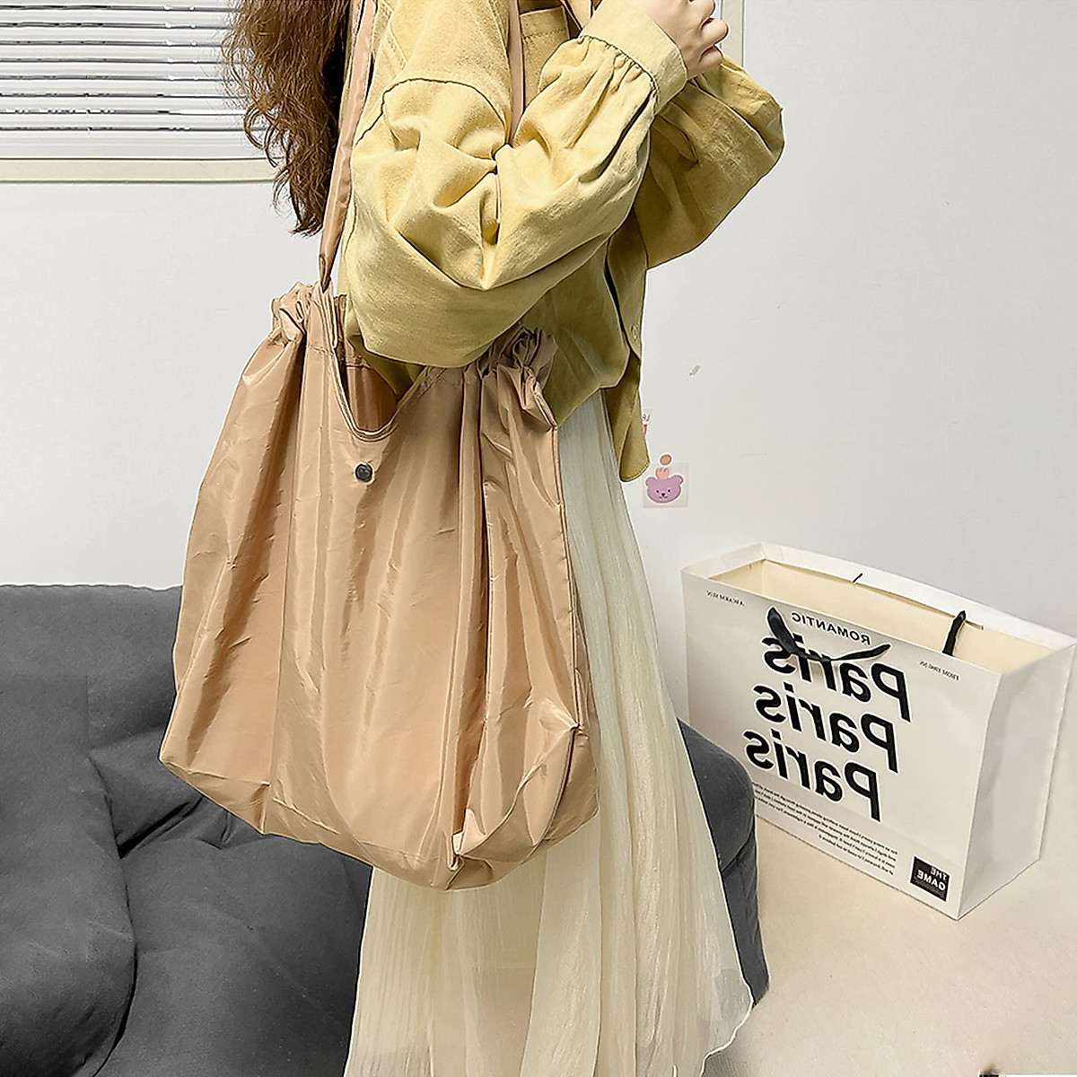 NKTDWO Foldable Shopping Bag for Groceries, Large Capacity Portable Tote Bag for Travel Waterproof Reusable Bags with Handles for Supermarket Picnic Beach (Brown)