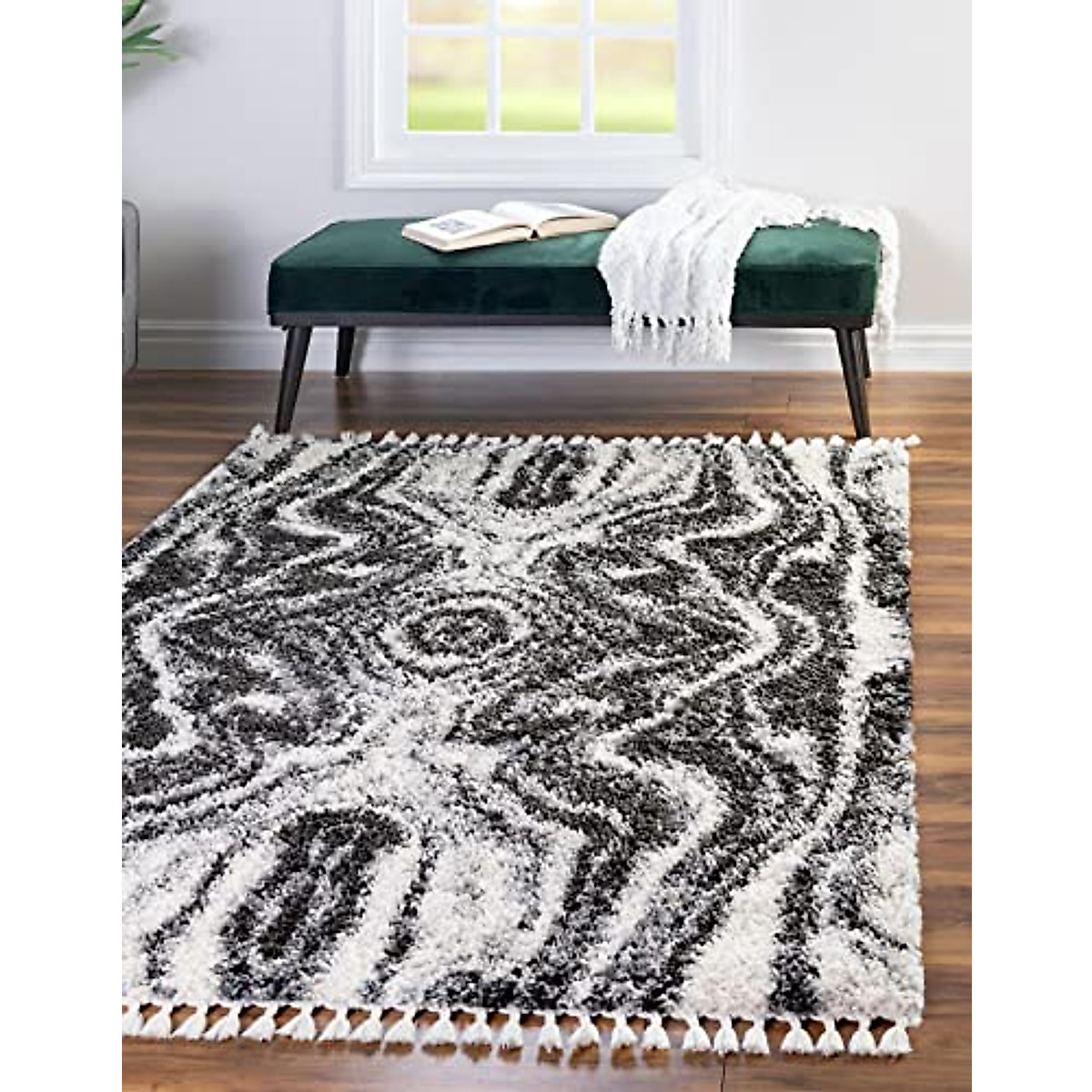 Unique Loom Hygge Shag Collection Area Rug - Valley (9' x 12' Rectangle, Black and White/Gray)