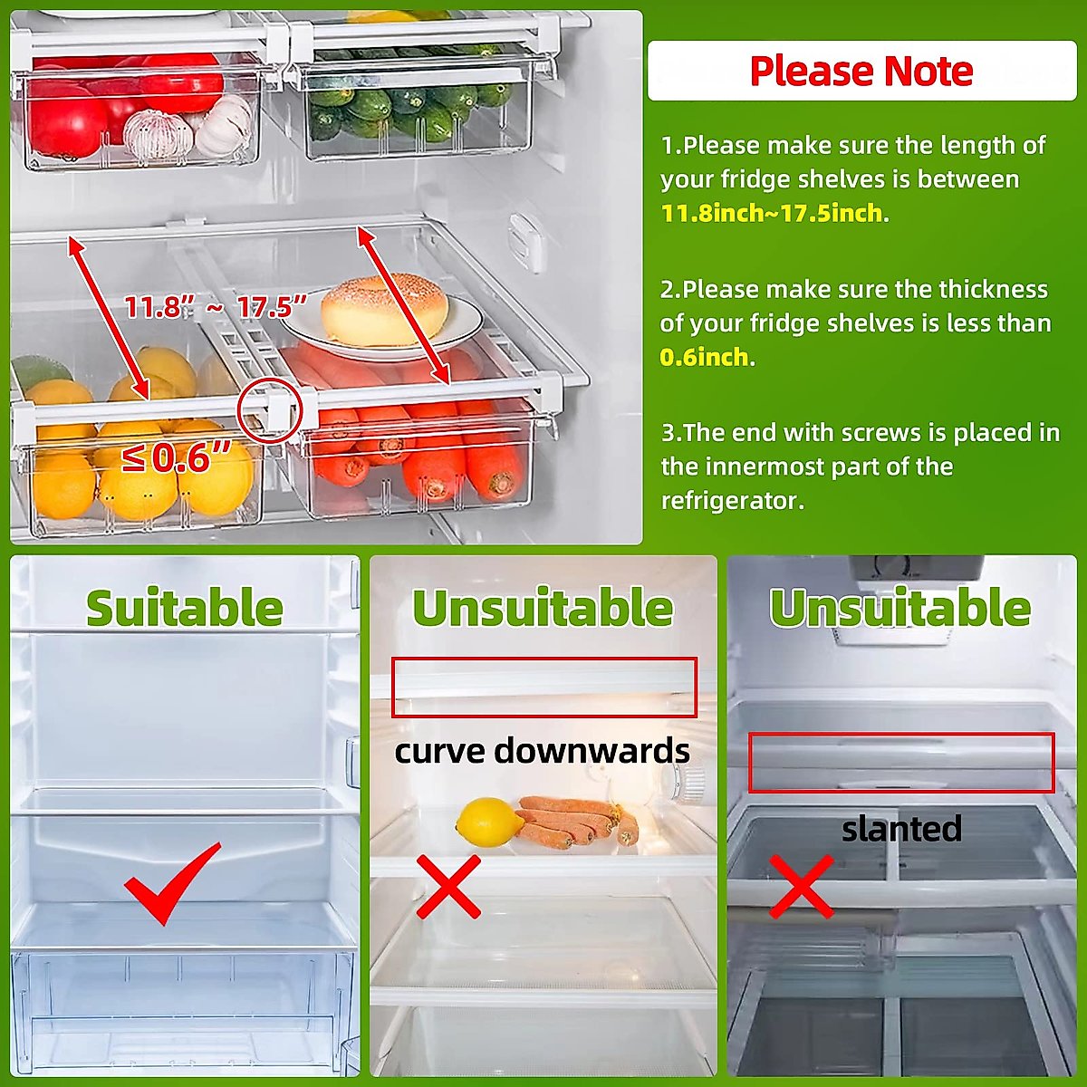 FineNoke Fridge Drawer Organizer,Refrigerator Organizer Bins,Fridge Storage Box Shelf Holder,Pull Out With Handle,Clear Container For Food,Drinks,Fit for Fridge Shelf Under 0.6" (2-Pack,4-grid)