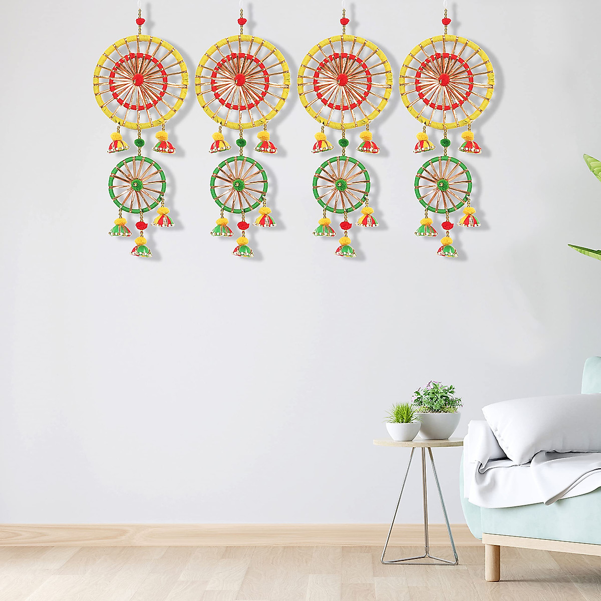 Smizzy Door Hangings for Decoration/Ring Wall Hangings with Jhumki for Haldi Mehandi Temple Decor | Pooja Room Decoration Items | Back Dropper | showpiece for Home Decor (Pack of 4)