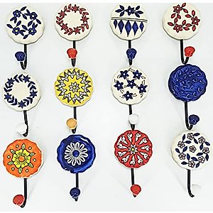 ZOYA - CERAMIC KNOBS Assorted Ceramic Hooks Handpainted Hooks Decorative Hooks Kitchen Wall Hooks Batheroom Hooks Coat Hangers Towel Hanger Colorfull Hooks (3 Hooks, Mix Color 3)
