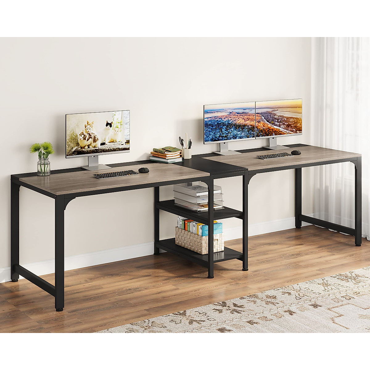 Tribesigns 90.55'' 2 Person Desk with Storage Shelves, Double Computer Desk with Spacious Desktop, Extra Long Study Writing Table Workstation for Home Office (Black & Gray)