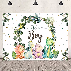 5x3ft It's a Boy Backdrop Baby Shower Cartoon Dinosaur Cactus and Eucalyptus Leaves Photography Background Kids Party Supplies Cake Table Decor Banner Photobooth Props Gift Favors, Green (ELH0C430UU)