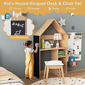 Costzon Kids Table and Chair Set, 2-in-1 House-Shaped Wooden Desk Set & Storage Organizer with Blackboard, Toddler Desk and Chair Set for Drawing, Reading, Gift for Boys Girls (Grey)