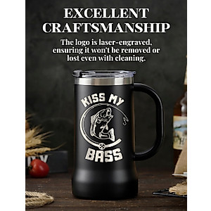 Onebttl Bass Fishing Gifts for Men, Stainless Steel Beer Stein Tumbler, 24oz Beer Mug with Lid for Father's Day, Christmas - Kiss My Bass