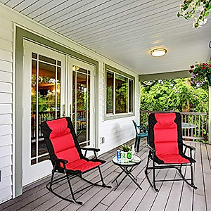 Giantex 3 PCS Folding Bistro Set Outdoor Patio Rocking Chairs Round Table Set 2 Rocking Chairs w/Glass Coffee Table for Yard, Patio, Deck, Backyard Padded Seat (Red & Black)