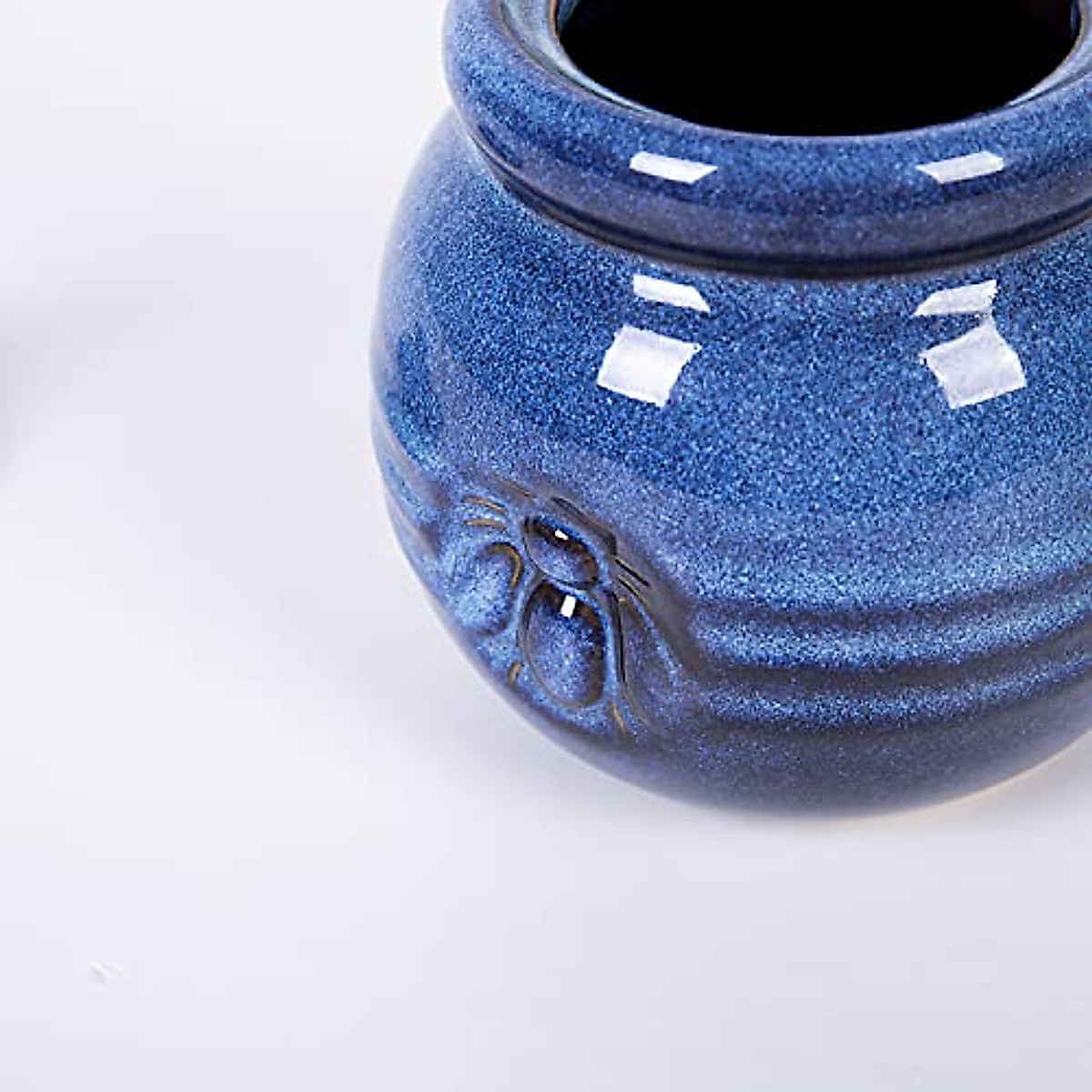 Cutiset Ceramic Honey Pot with Lid and Dipper, 20oz rustic Honey Jar (Blue)