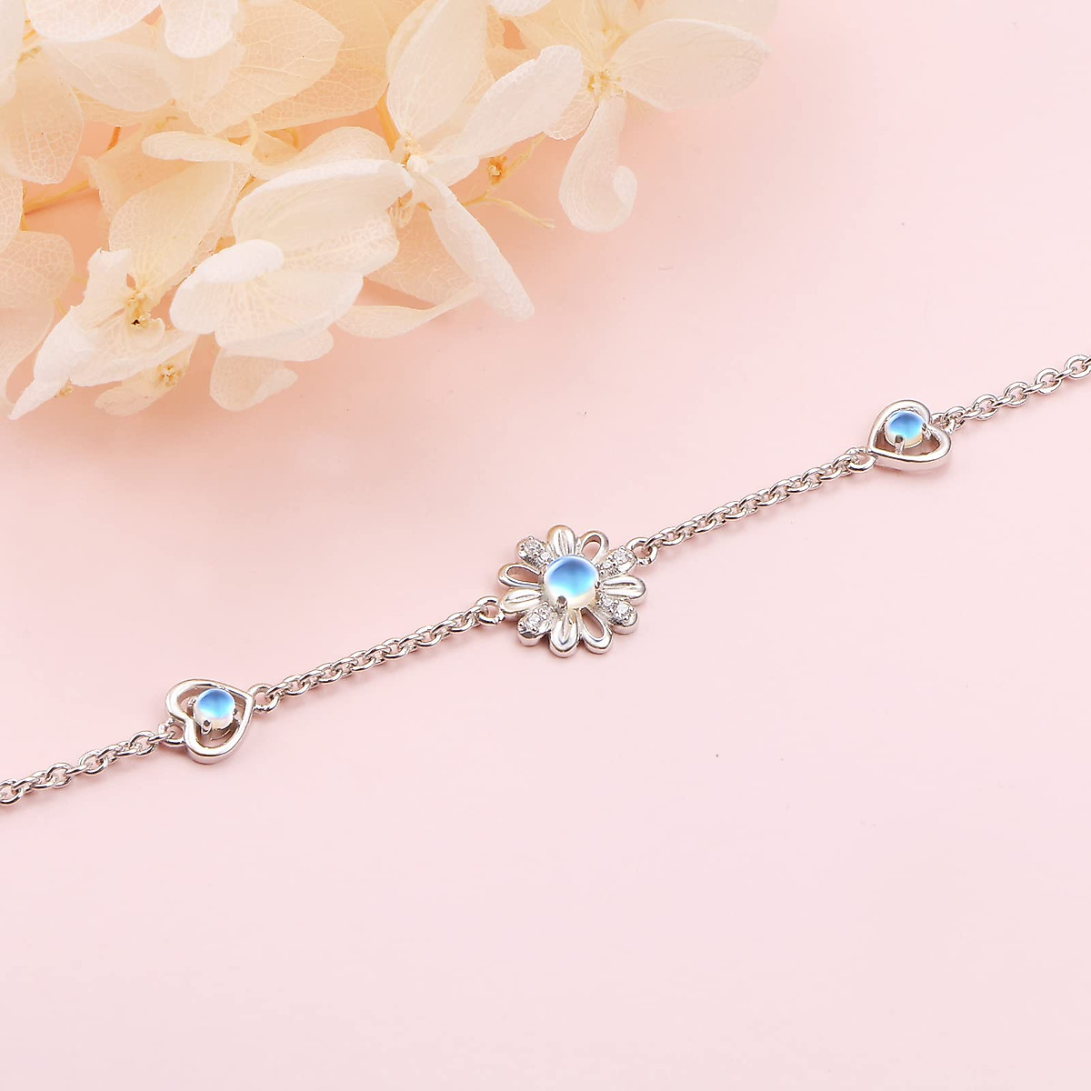 Yearace Sterling Silver Daisy Bracelets for Women, Created Moonstone Daisy Flower Bracelet Jewelry Gift, Adjustable Chain 7+2"