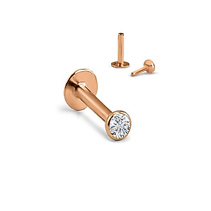 14k Rose Gold Threadless Push Pin Labret Nose Ring Stud 3/16" 5mm Post 3mm Bezel CZ 18G