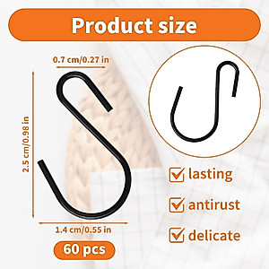 Pretwad 60PCS Mine S Hooks for Hanging,Black Small S Hooks for Hanging Made of Metal Iron,Hanging Hooks for Minor Items,Kitchenware,Potted,Bath Ball,Cups,Plants,Jewelry(1 Inch)