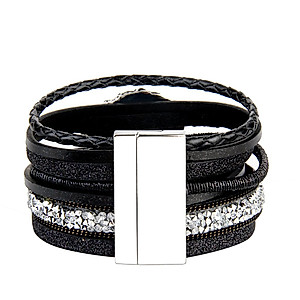 AZORA Leather Cuff Bracelet Multi Rope Wrap Bangle with Pearl Metallic Heart Cuffs Bracelets for Women (Black-cuff bangle bracelets)