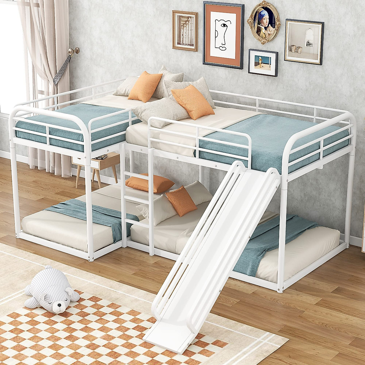 VilroCaz 4 Beds in 1 Design L-Shaped Bunk Bed Full and Twin Size with Slide for Kids Teens, Modern Metal Bunk Bed Frame with Safety Guardrail, Maximizes Space, Easy Assembly (White-M)