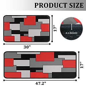 Kitchen Rugs Set of 2- Red, Black, and Grey Modern Geometric Non-Slip Washable Floor Mats - Comfort Sink and Laundry Room Runner - Contemporary Abstract Art Design Decor 17x47.2 and 17x30 inches