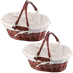 2 Pack Brown Wicker Woven Bread Basket with Handle, Oval Willow Woven Basket with Cotton Cloth Lining1