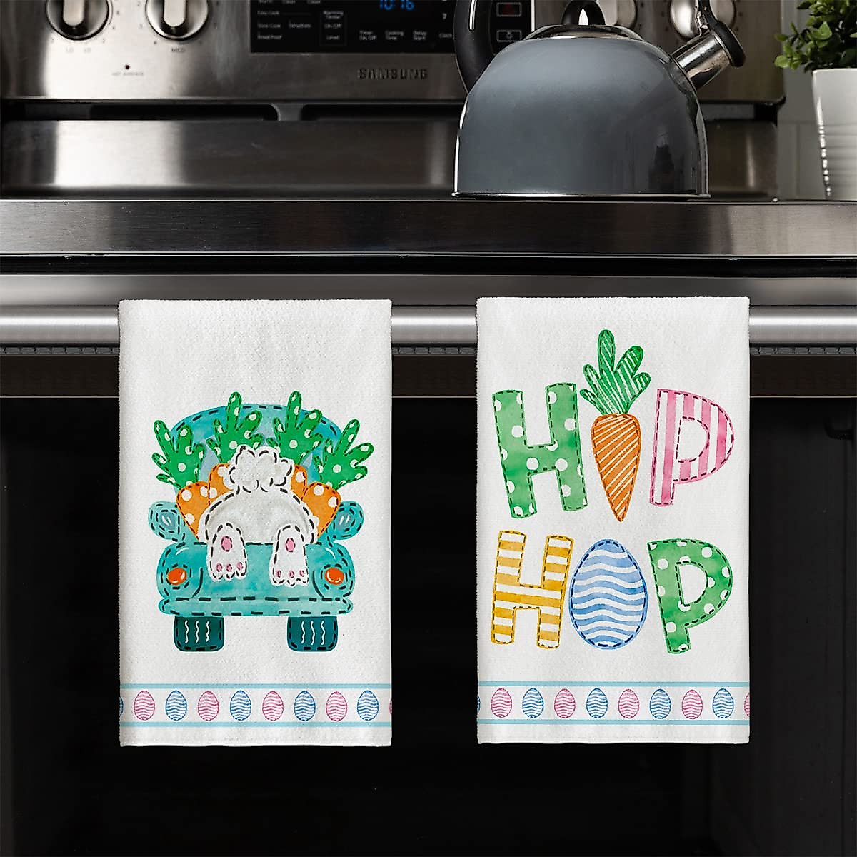 Artoid Mode Bunny Treats Rabbits Hip Hop Carrots Truck Hoppy Easter Kitchen Towels Dish Towels, 18x26 Inch Seasonal Decoration Hand Towels Set of 4