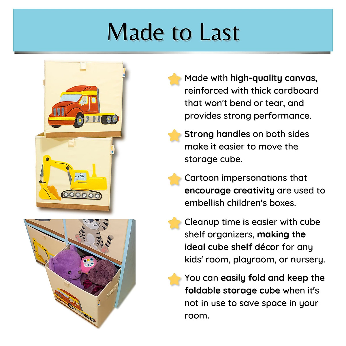 Product 4 Kids - Washable Toy Organizers and Storage, Canvas Toy Chest Organizer Foldable Kids Toy Storage Organizers for Child's Bedroom or Playroom -13x13x13 Inch (Truck)