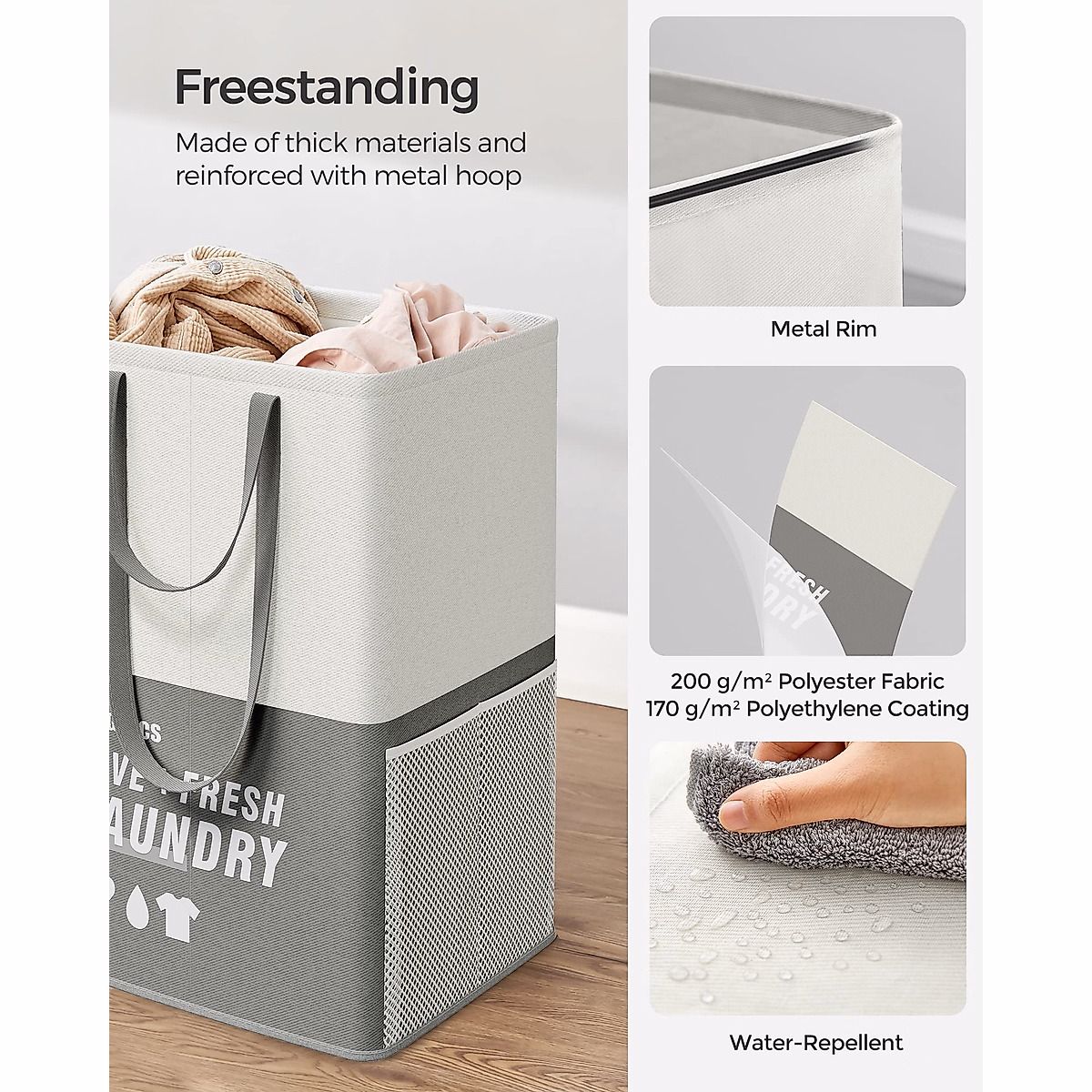 SONGMICS Laundry Baskets, Laundry Hamper with 2 Compartments, 23.8 Gallon (90L) Set of 2 Collapsible Water-Repellent Clothes Hampers, Tall Laundry Bag for Bedroom Bathroom, Dark Gray ULCB209G22