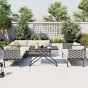 Merax 5-Piece Modern Patio Sectional Sofa Set Outdoor Woven Rope Furniture Set with Glass Table and Soft Cushions