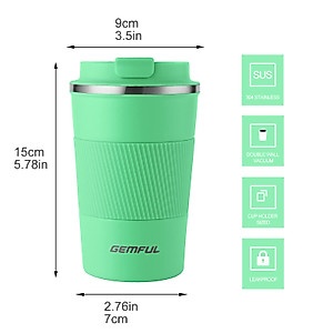 GEMFUL To Go Coffee Mug with Lid 13 oz Insulated Cups Spill Proof Travel Tumbler Leak Proof Vacuum Stainless Steel Reusable for Hot Cold Drinks Women Men (Green)
