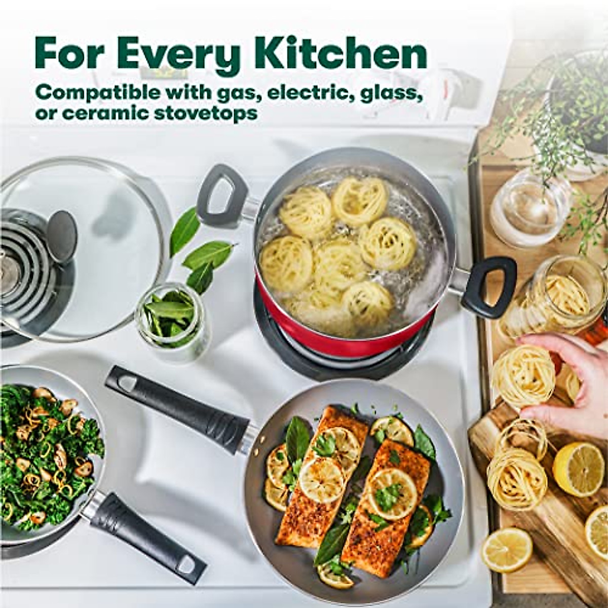 BELLA Cookware Set, 12 Piece Pots and Pans with Utensils, Nonstick Scratch Resistant Cooking Surface Compatible with All Stoves, Nylon and Aluminum, Red