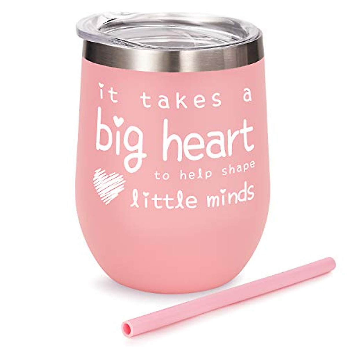 AOZITA Teacher Appreciation Gifts For Women Wine Tumbler - It Takes a Big Heart to Help Shape Little Minds - Teacher Gifts from Student - Pink, 12 oz