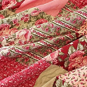 Cmfshape Summer Floral Queen Quilted Bedspread,Romantic Pink Quilt Set Full,Reversible Stitched Bedding Set All Season,Soft Lightweight Coverlet with Pillow Cases (Hot pink&Rose, Queen90 x90)