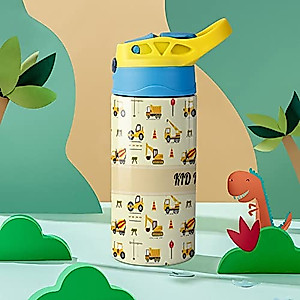 Mrokouay Custom Cartoon Excavator Car Kids Water Bottle with Straw Lid Personalized Add Your Text Stainless Steel Sports Water Bottles Customized Reusable Leak-Proof Toddlers Cup for School, Travel