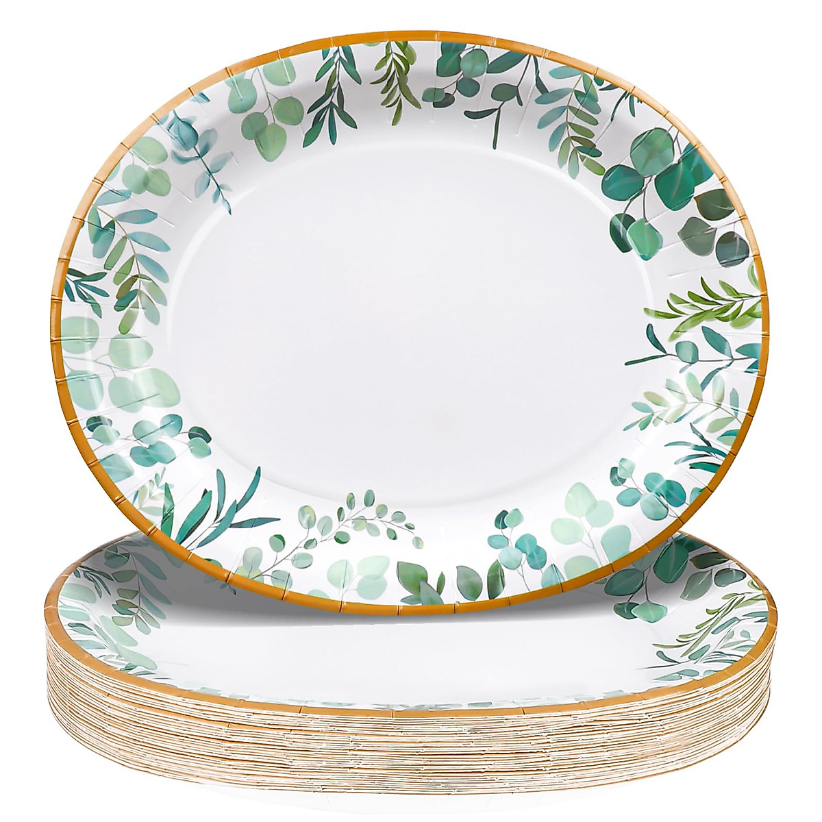 TWOWYHI 50PCS Eucalyptus Sage Green Paper Plates 10" X 12" Oval Plates Disposable Large Party Plates Green Floral Paper Plates Dinner Plates for Wedding Bridal Shower Tableware Decor