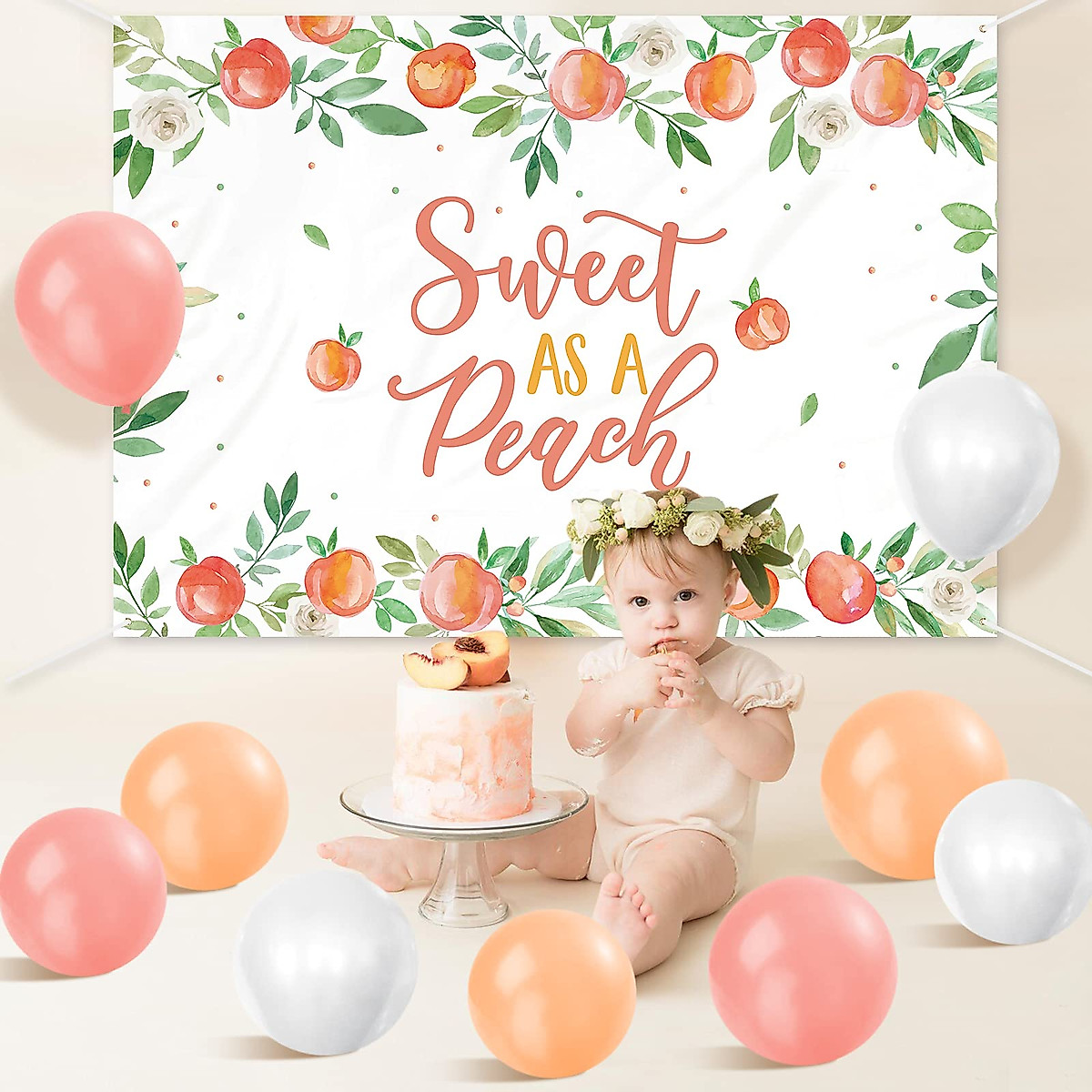 Vansolinne Sweet As A Peach Backdrop And Balloons Garland for Baby Shower one sweet peach Birthday Party Decorations Photography Background Little Peach Birthday Parties Cake Smash Photo Shoot