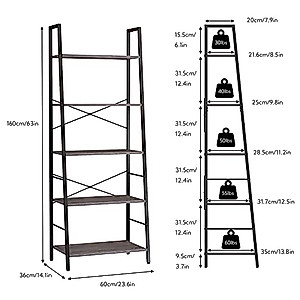 Yusong Bookshelf, Ladder Shelf 5-Tier Bookcase for Bedroom, Industrial Book Shelves Storage Rack with Metal Frame for Home Office, Gray