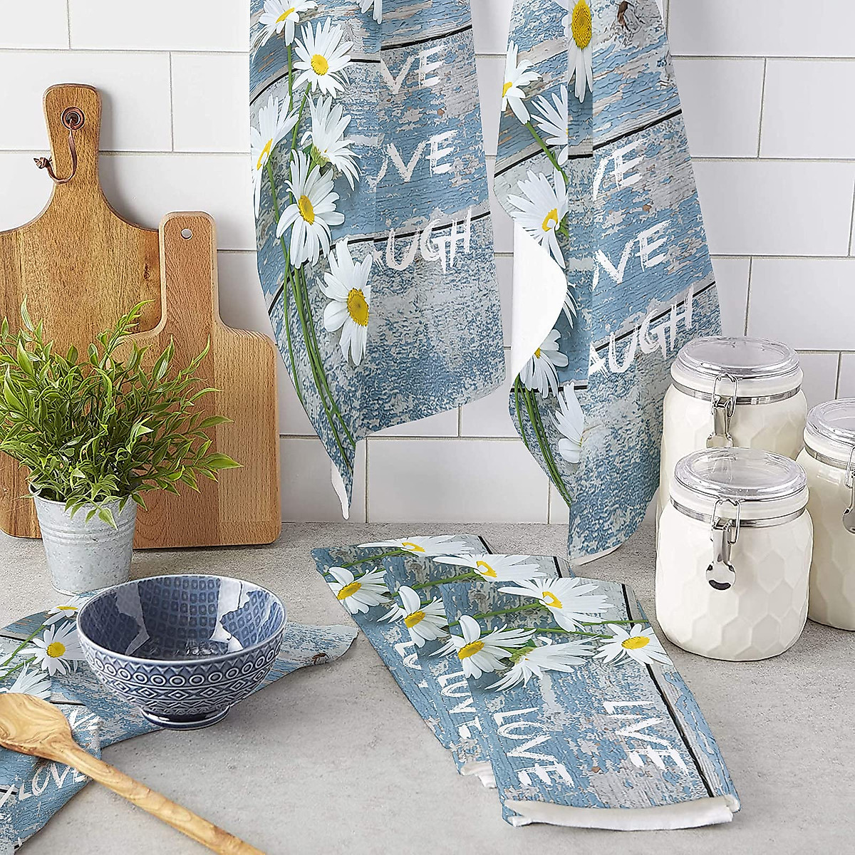 Beisseid Daisy Kitchen Dish Towels White Flower Dish Cloth Fingertip Bath Towels Cloth Live Love Laugh Wood Grain Hand Drying Soft Cotton Tea Towel Set 18x28in 2PCS