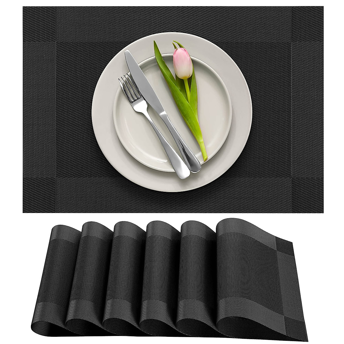 More Décor Dining Table Placemats, Washable Heat-Resistant PVC Vinyl Table Mats for Dining Room and Kitchen, Anti-Slip - Set of 4 -Black