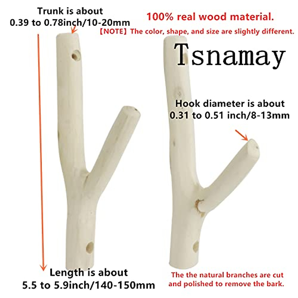 Tsnamay 2Pcs Real Wood Tree Branch Wall Hook, Farmhouse Rustic Decorative Wooden Without Bark Trunk Thickness 1cm-2cm with Screw