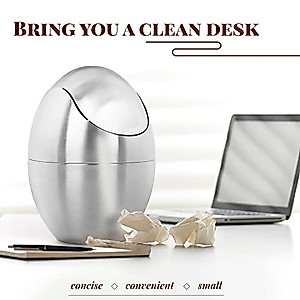Agirlgle Mini Trash Can with Lid- Durable Stainless Steel Desk Trash Can Mini with Stylish Egg Shaped Design- Countertop Trash Can for Home, Office, Kitchen & More- Tiny Desktop Trash Can with Lid