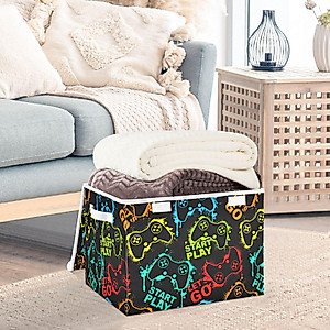 Sletend Gamer Gaming Gamepad Pattern Lidded Home Storage Bins Closet Storage Bins, Foldable Oxford Fabric Storage Box for Home Bedroom Closet Office (16.5x12.6x11.8 in)