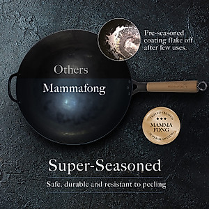 Mammafong Traditional Hand Hammered Pre-seasoned Round Bottom Carbon Steel Wok Set with Wok Spatula and Bamboo Brush (14 inch preseasoned wok set)…