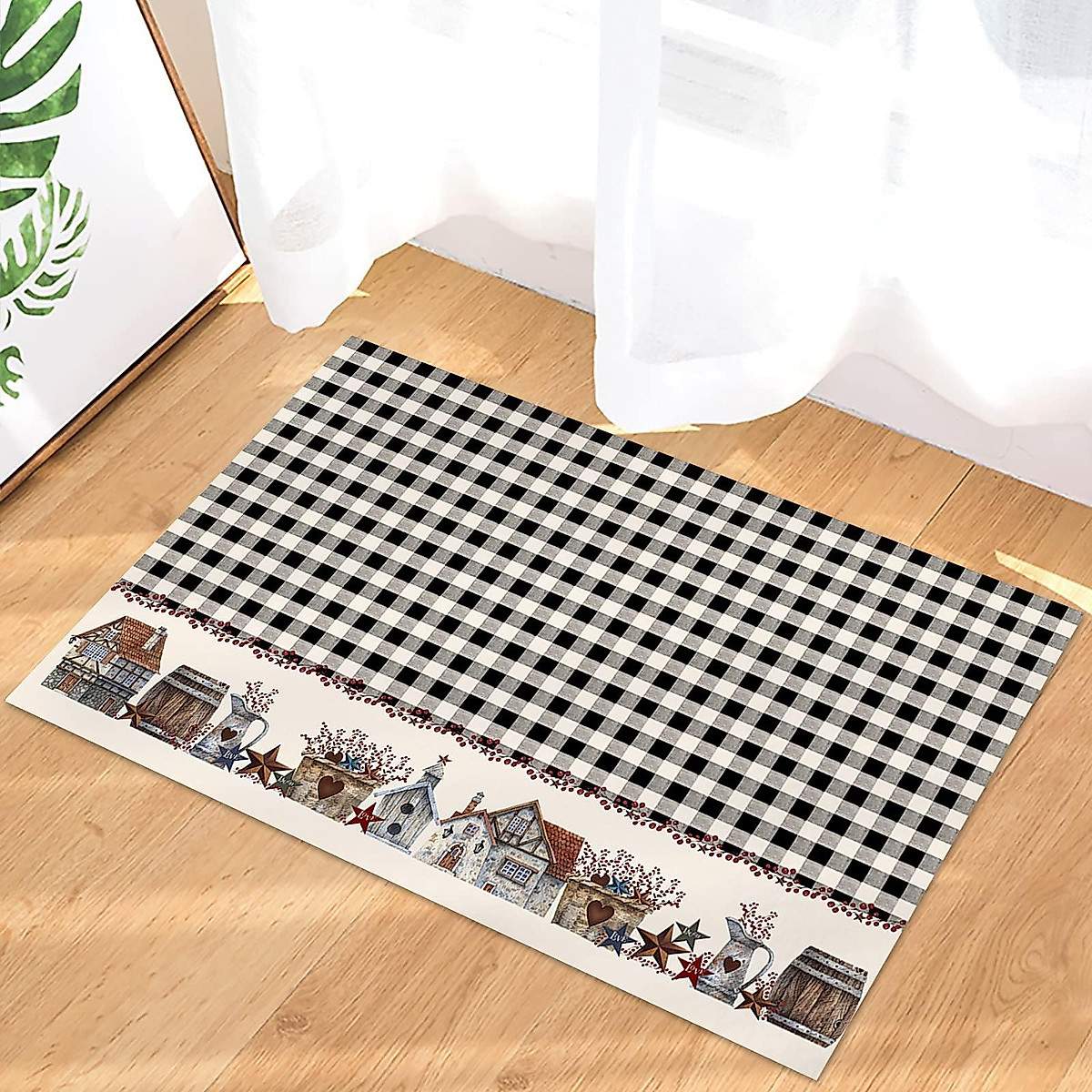 LTAETHC Kitchen Rug Floor Mat Retro Farm Country Star Berry on Black Grid Flannel Kitchen Mats, Cushioned Anti Fatigue with Non Slip Rubber Backed for Kitchen Bedroom Home Entrance - 18" x 30"